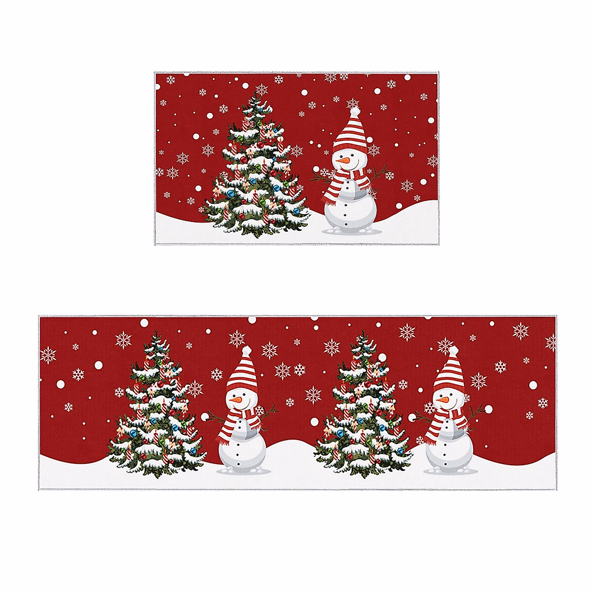 Merry Christmas Kitchen Rugs Sets 2 Piece Floor Mats Winter Snow Xmas Tree Snowman Snowflake Doormat Non-Slip Rubber Backing Area Rugs Washable Carpet Inside Door Mat Pad Sets-16"x 24"+16"x47"