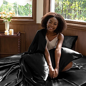 CozyLux Satin Sheets Full Size - 4 Piece Black Bed Sheet Set with Silky Microfiber, 1 Deep Pocket Fitted Sheet, 1 Flat Sheet, and 2 Pillowcases - Smooth and Soft