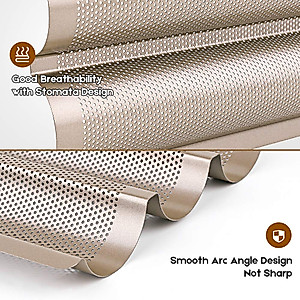 AMAGABELI GARDEN & HOME Nonstick French Baguette Pans For Baking 15"x11" Carbon Steel 3 Loaf Perforated Bread Tray Bake Mold Toast Cooking Oven Toaster Pan Cloche Waves Bakeware Golden BG285