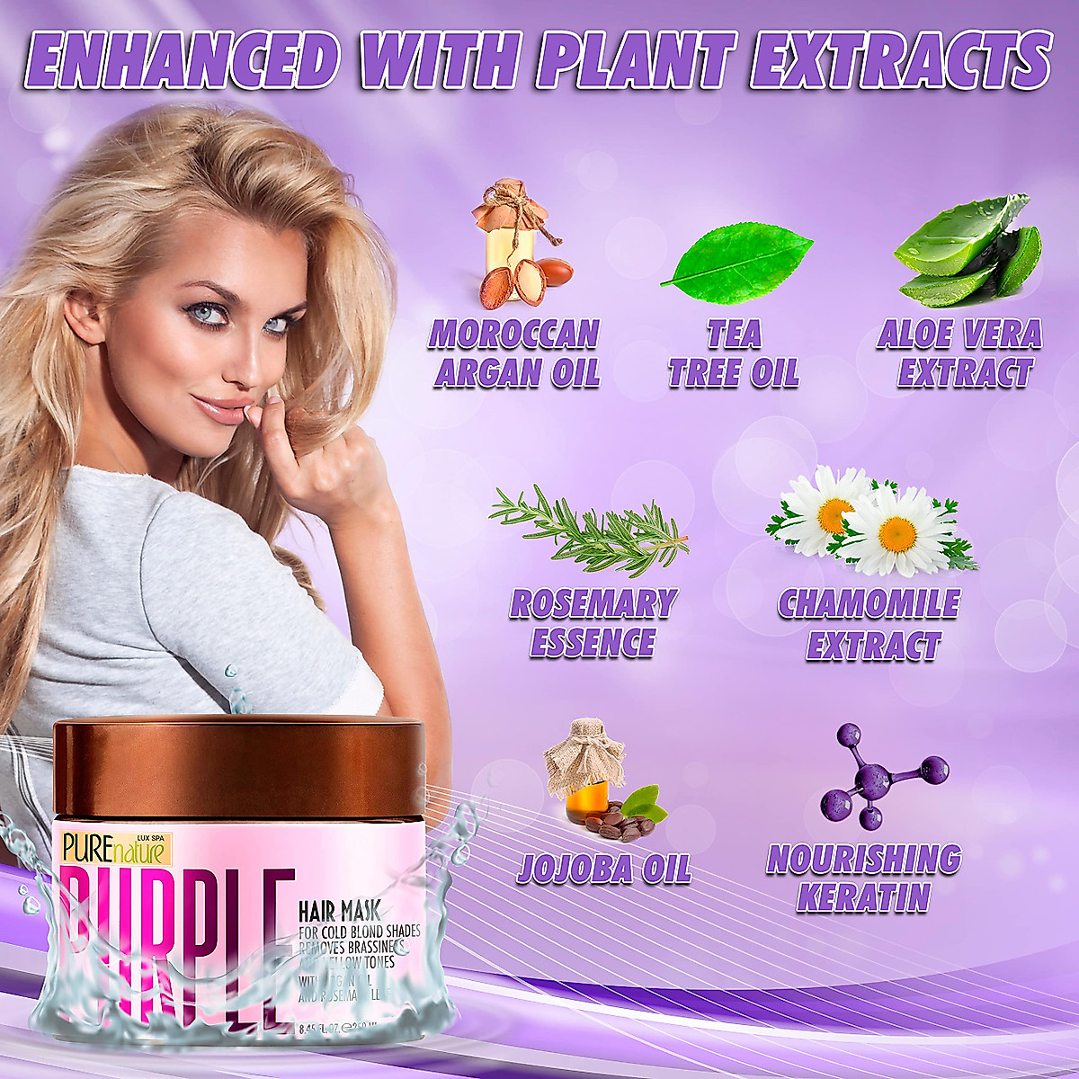 PURE NATURE LUX SPA Purple Hair Mask for Bleached and Blonde Hair - Deep Conditioning Treatment for Women to Remove Yellow Highlights and Repair Dry, Damaged Hair - Hydrate Colored Hair