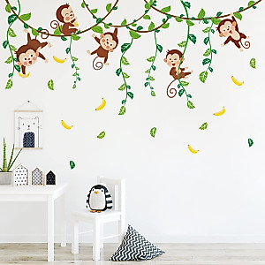 Runtoo Monkey Wall Stickers Jungle Animals Wall Decals Tree Kids Bedroom Baby Nursery Classroom Wall Decor