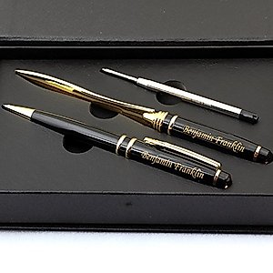 Free Engraving - Brass, Roller Ballpen, Refillable Pen, Ballpoint pen, Ball pen, Letter Opener Envelope Slitter Gold Letter Opener Gifts for Men, Women, Classy Gift Box, Free Customization (Black)