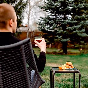 PROLISOK Bronze Metal Outdoor Side Table with Tempered Glass Top – Elegant Small 16" Square Patio Table – Durable Weather-Resistant Coffee Bistro Accent End Table for Outside and Garden