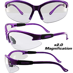 Birdz Eyewear Flamingo Women's Work Safety Glasses Bifocals Readers Purple Frame + 2.0 Magnification Clear Lenses