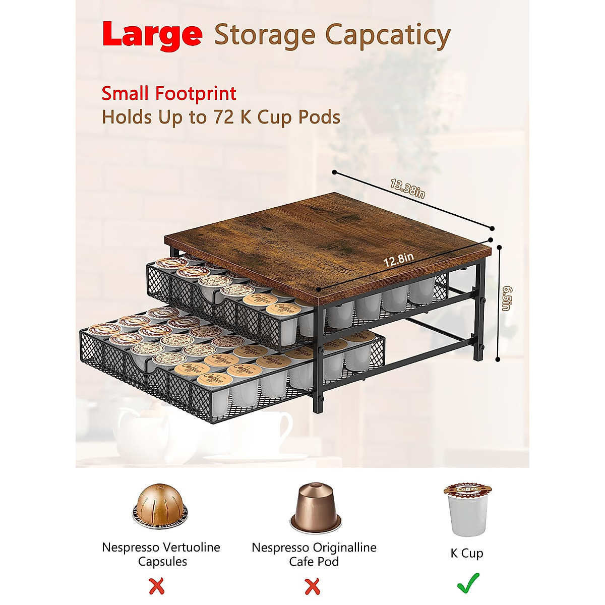 MOOACE Coffee Pod Holder for K Cup Holder Drawer Holder, Coffee Pod Drawer For Counter, 2 Tier K-Cup Storage With Sliding Baskets, 72 Capacity Pods Organizer Cups Capsule for Coffee Station, Black