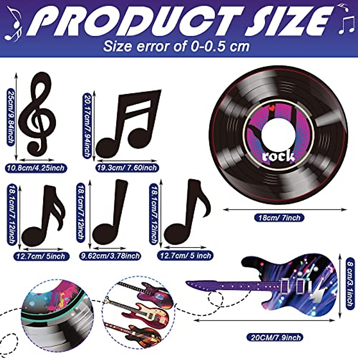 40 Pcs Music Party Decorations Musical Notes Rock and Roll Record Cutouts Silhouettes Record Cutouts Guitar Party Favor Cutouts 50s 80s Theme Party Baby Shower School Bulletin Board Craft Decoration