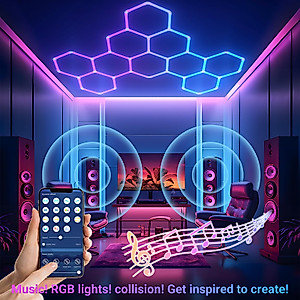 RGB Hexagon Lights - RGB Wall Lights with Music Sync, Dimmable and Speed Adjustable LED Hexagon Lights, LED Wall Lights for Gaming Room Decor, Streaming, Party, Bar, Gym