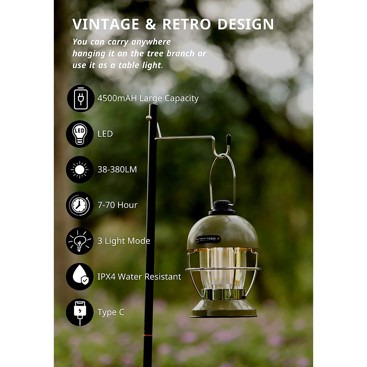 Crazy Power Camping Lantern Rechargeable LED Camping Light Premium Vintage Light 4500 mAh High Capacity Dimmable 3 Light Modes Waterproof for Camping Hiking Fishing Power Outages (CPG100 Apricot)