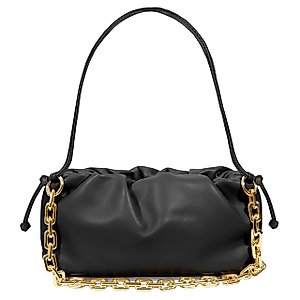 Women's Chain Link Cloud Clutch Bag | Dumpling-Shaped Pouch Purse Handbag | Ruched Chunky Chain Link Shoulder Handbags (Medium, Black)