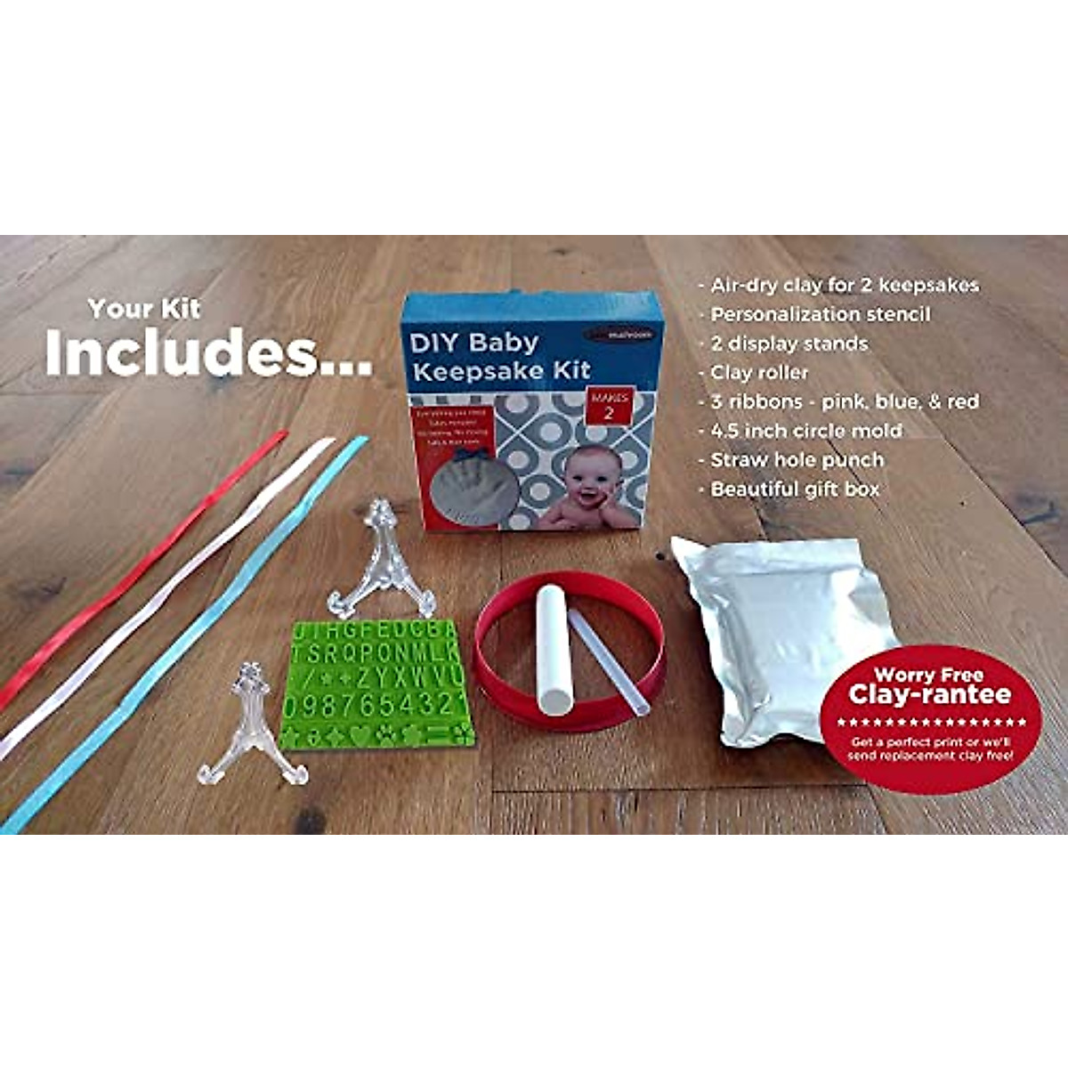 Baby Handprint Footprint Keepsake Ornament Kit (Makes 2) - Bonus Stencil for Personalized Christmas, Newborn, New Mom & Shower Gifts. 2 Easels! Non-Toxic Clay, Air-Dries Light & Soft, Won't Crack.