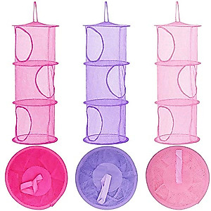 3Pcs Hanging Mesh Space Saver Bags Organizer 3 Compartments Toy Storage Basket for Kids Room Organization mesh Hanging Bag Set (Pink, Rose, Purple)