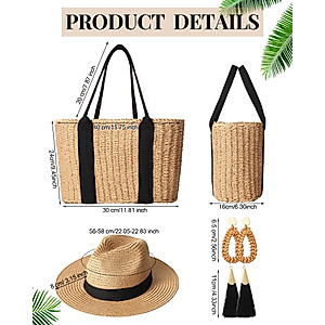 Glitopper 4 Pcs Straw Bag Woven Bag and Rattan Wicker Hat Tassel Earrings Set Summer Tote Handbag for Woman Vacation Boho Accessories