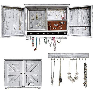 GLANT Rustic Wall Mounted Jewelry Organizer with Wooden Barndoor Decor,Wooden Wall Mount Holder,Jewelry holder for Necklaces, Earings, Bracelets, Ring Holder (milky)