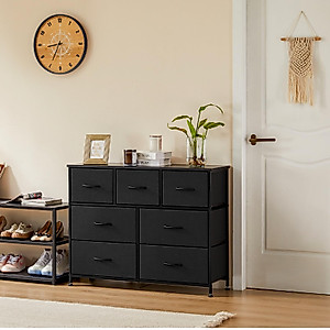 DUMOS Dresser for Bedroom with 7 Drawers, Storage Organizer Units Furniture, Chest Tower TV Stand with Fabric Bins, Metal Frame, Wooden Top for Nursery, Living Room, Kidsroom, Closet, Black