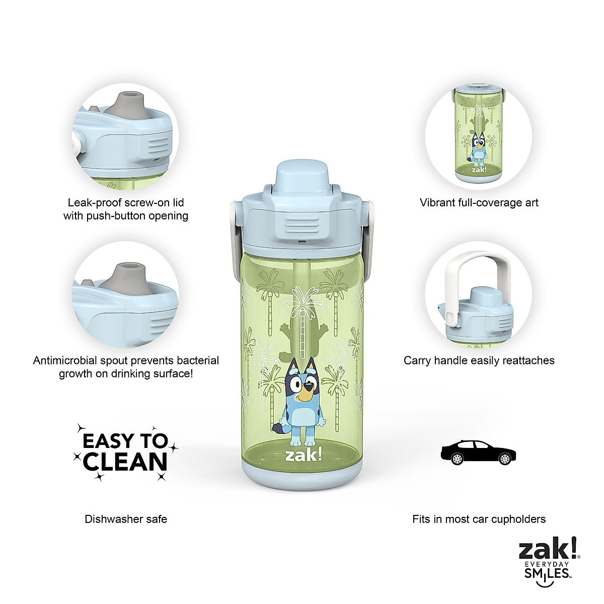 zak! Beacon Bottle Set of 2, Bluey - 16 oz Each - Durable Plastic - Silicone Spout & Leak-Proof Lid - Dishwasher Safe