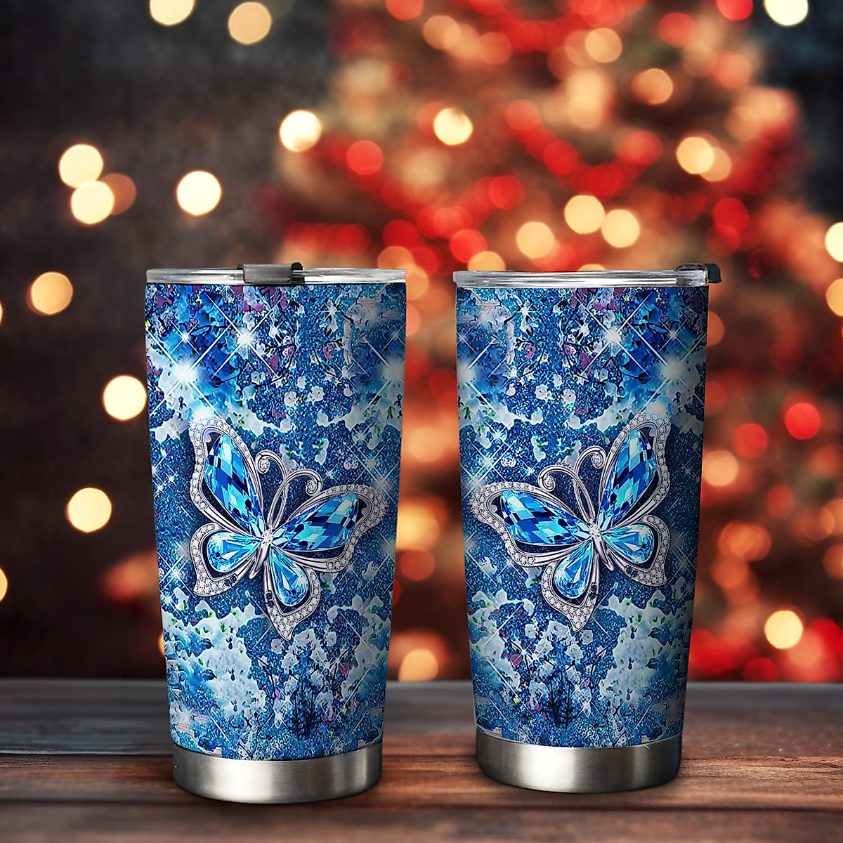 20oz Printed Blue Jewelry Crystal Butterfly Tumbler, Gifts for Butterfly Lovers, Coffee Thermos for Women, Stainless Steel Double Wall Vacuum Insulated Coffee Mug, Travel Cup with Lid