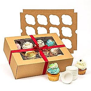Smirly Cupcake Boxes 12 Count: Disposable Cupcake Containers 12 Count, Cupcake Holder with Lid, Cupcake Carrier, Bakery Boxes with Window, Pastry Boxes, Brown Cookie Boxes with Window Long Treat Boxes