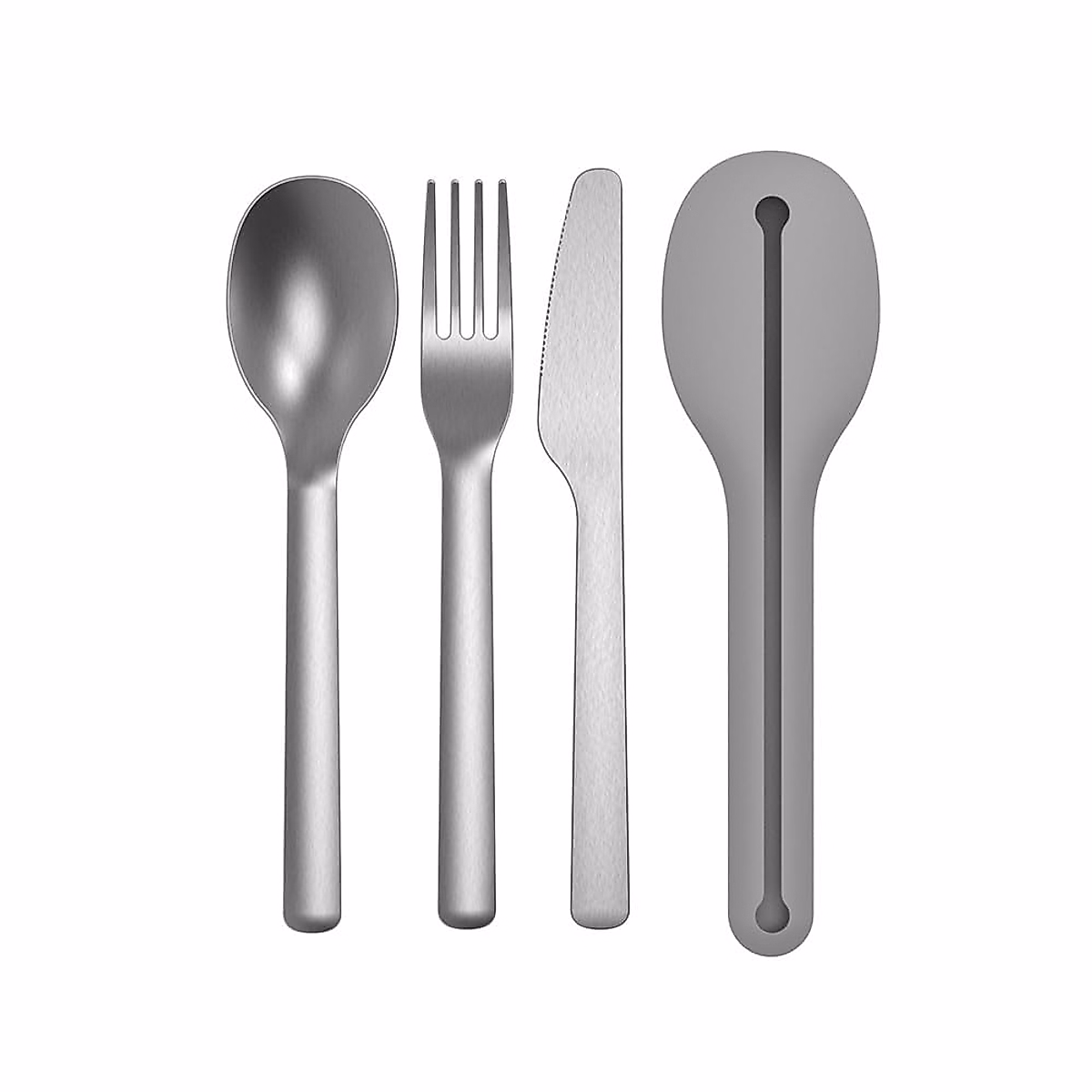 BergHOFF Leo 18/10 Stainless Steel 4Pc Reusable Travel Flatware Set Knife Spoon Fork Sleeve with Silicone Sleeve Dishwasher safe, Grey