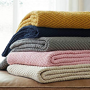 Longhui bedding Fringe Knit Cotton Throw Blanket, 50 x 60 Inch Decorative Knitted Cover with 6 Inches Tassels, Bonus Laundry Bag – 2.5lb Weight, Couch Blankets, Dark Navy Blue