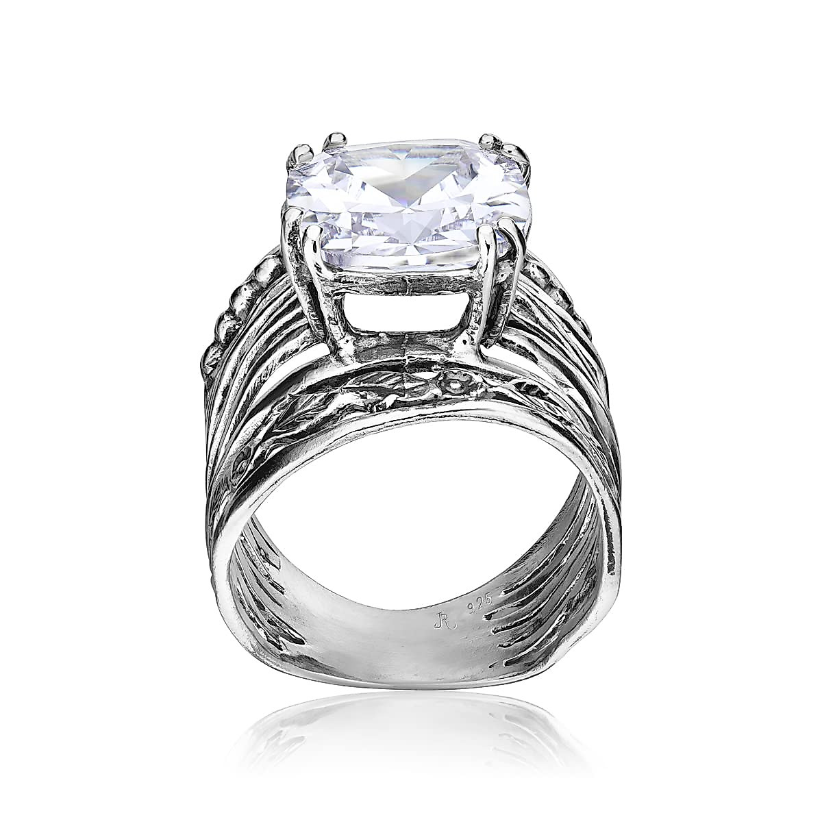 JEAN RACHEL JEWELRY 925 Sterling Silver Ring With 12mm White Cushion Cubic Zirconia Prong Hypoallergenic, Nickel and Lead-free, Facet Cut, Artisan Handcrafted Designer Collection, Made in Israel