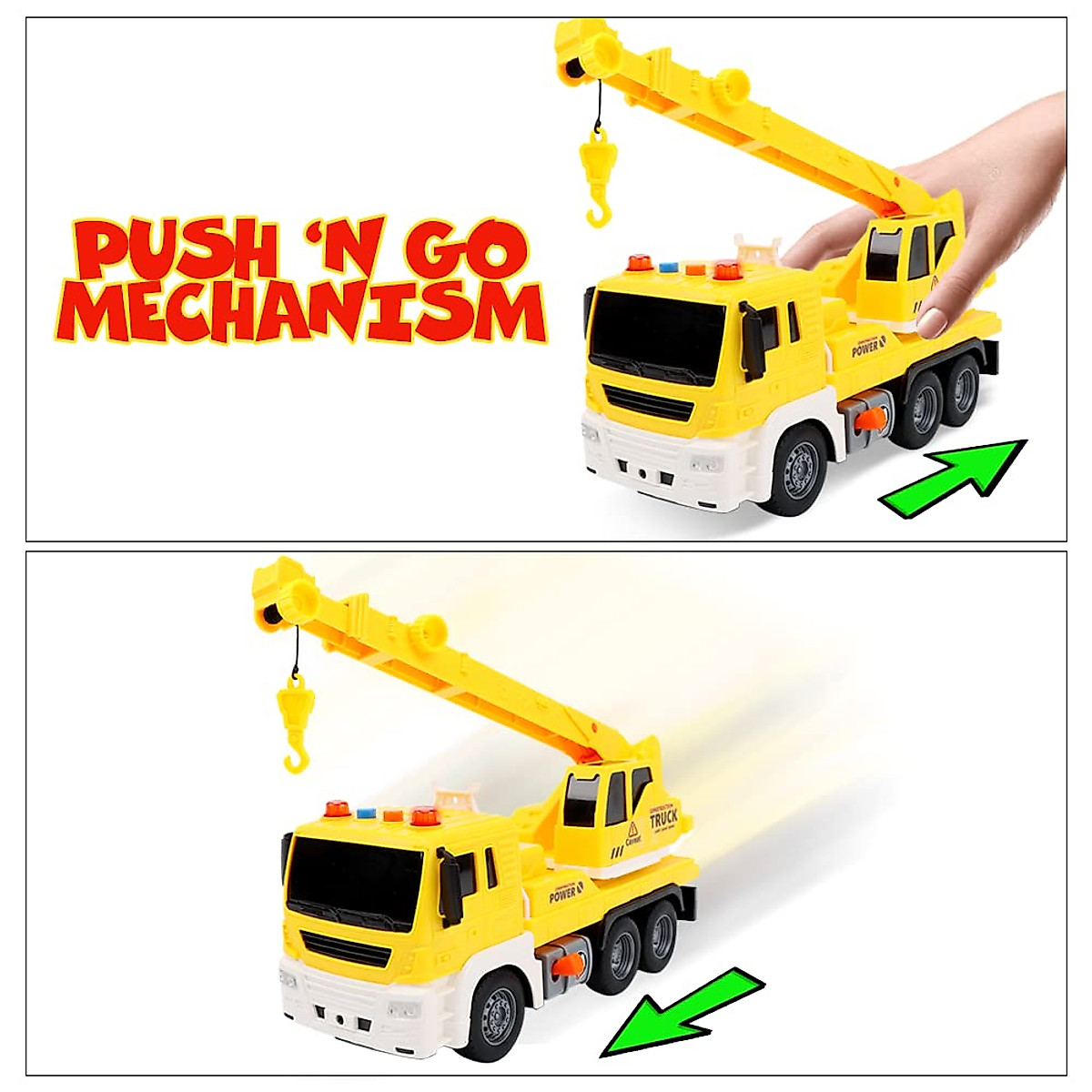ArtCreativity Light Up Crane Truck Toy, Kids’ Construction Toy with a Movable Crane, LEDs, and Sound Effects, Push and Go Construction Vehicle Toys for Kids, Crane Toys for Boys and Girls