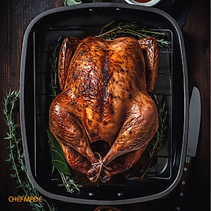 CHEFMADE Roasting Pan, 17-Inch Non-Stick Large Roasting Pan for Turkey, Roaster Lasagna Pan with V Rack Rectangular Deep Dish Oven-BBQ Bakeware for Oven Baking 17.1" x 14.1" x 3.3" (Black)