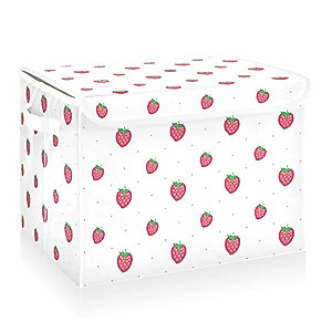CaTaKu Small Cute Strawberry Storage Bins with Lids Fabric Large Storage Container Cube Basket with Handle Decorative Storage Boxes for Organizing Clothes Shelves