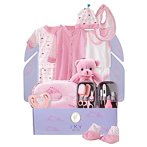 Sky Bliss 20 Piece Baby Gift Set (Pink), Newborn Baby Gift Set, Baby Clothes, Teddy Bear, Pacifier, Baby Grooming kit, Gifts for a New Baby Girl, Baby Girl Newborn Essentials