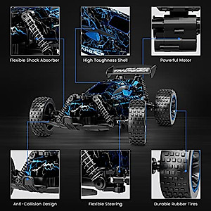 Tecnock RC Racing Car, 2.4Ghz High Speed Remote Control Car, 1:18 2WD Toy Cars Buggy for Boys & Girls with Two Rechargeable Batteries for Car, Gift for Kids(Blue&Light)