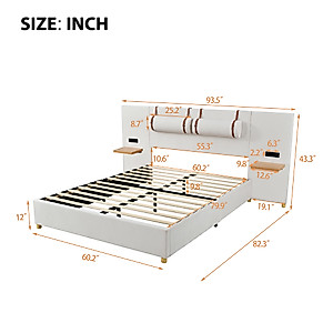 Merax Queen Size Upholstered Platform Bed, Modern Bedframe with Two Outlets and USB Charging Ports on Both Sides, Two Bedside Pillows, Storage Shelves, Beige