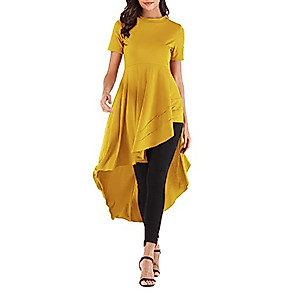 Women's Ruffle High Low Asymmetrical Irregular Hem Tops Short Sleeve Tunic Top Yellow S