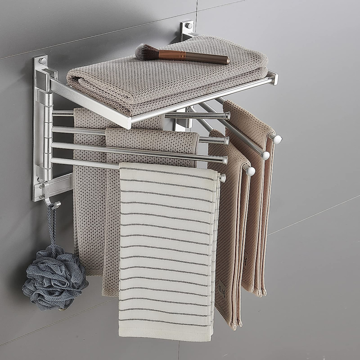 Rosyouth Laundry Clothes Drying Rack, Wall Mounted Swivel Towel Rack with Hooks and Swing Arms, Space Saver in Laundry Room and Bathroom, Space Aluminum