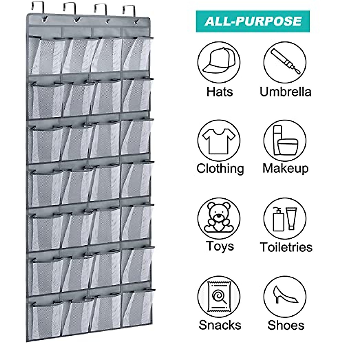 VIIVY VIYIV 28 Breathable Mesh Pockets - Over The Door Shoe Rack Hanging Shoe Organizer for Closet Storage with 4 Metal Hooks for Organizing, Dorm, Bathroom, Baby Essentials Closet Toys and Sundries