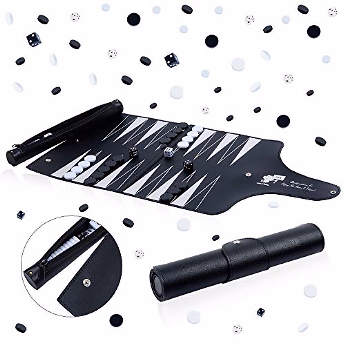 Travel Backgammon Set Roll Up Detachable Design Bagammon Game Set with Backgammon Checkers Inside (Black)
