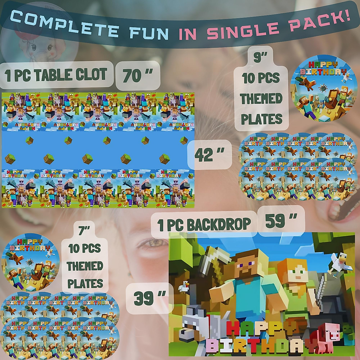 HUG-CHUMS Game Birthday Decorations Party Supplies for Boys & Girls - Happy Banner Backdrop Tableware Set Tablecloth Cake Topper Cupcake Toppers Latex Balloons Hanging Swirls - Christmas Stuff