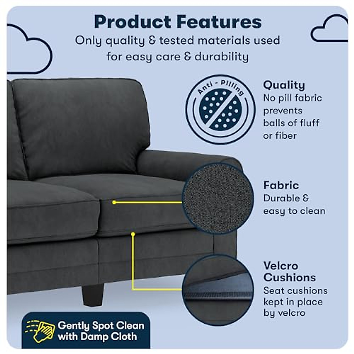 Serta Copenhagen 61" Rolled Arm Sofa, Easy Care Polyester, Soft Pillow Back, Pocket Coil Seat Cushions, Removable Covers, Loveseat or Couch for Small Spaces, Living Rooms or Bedrooms, Charcoal