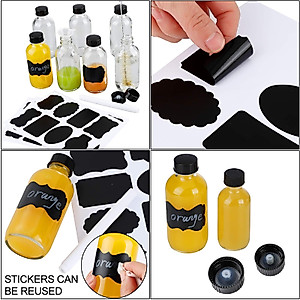 2oz Clear Glass Bottle with Poly Cone Cap, Boston Round Sample Glass Bottle for Potion, Juice, Ginger Shots, Oils, Whiskey, Liquids-48 Labels, 5 Funnels, 5 Droppers, 1 Brush & Chalk Marker-Pack of 40