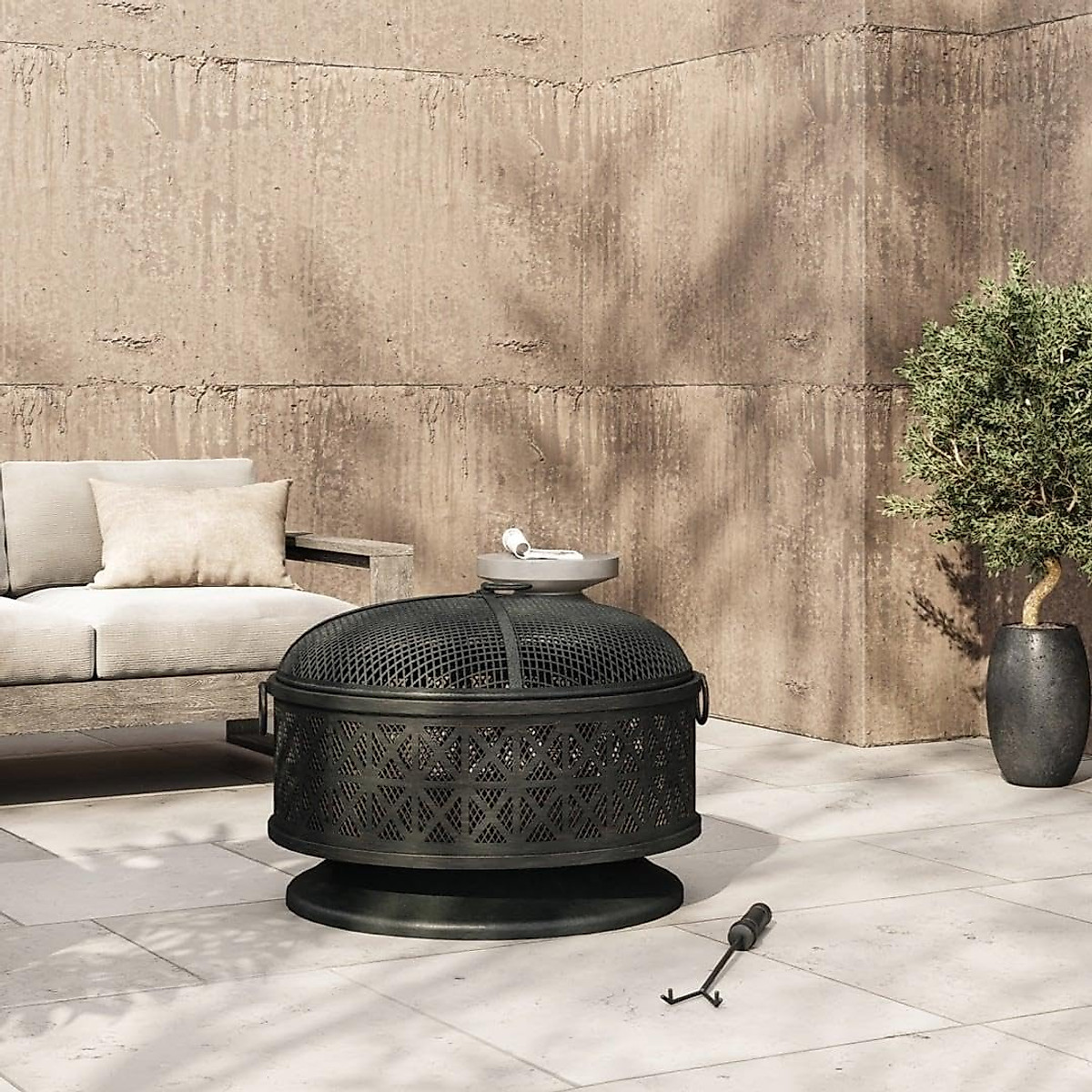 Sunjoy 30 in. Outdoor Fire Pit, Patio Black Round Wood-Burning Steel Firepit Large Fire Pits for Outside with Spark Screen and Fire Poker