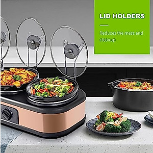 Sunvivi Triple Slow Cookers, 3x1.5 Qt Food Warmer Adjustable-Temp Server, Buffet Server for Parties, Mini Crock Dips Pot, Entertaining ＆ Holiday, Dishwasher Safe Glass Lid & Ceramic Pot, Stainless Copper with Lid Rests, 2 Year-Guarantee