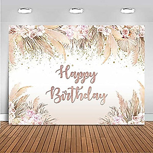 Mocsicka Boho Happy Birthday Backdrop Women Girls Boho Chic Pink Flowers Birthday Background Vinyl Bohemian Pampas Grass Party Cake Table Decorations Photo Booth (7x5ft)