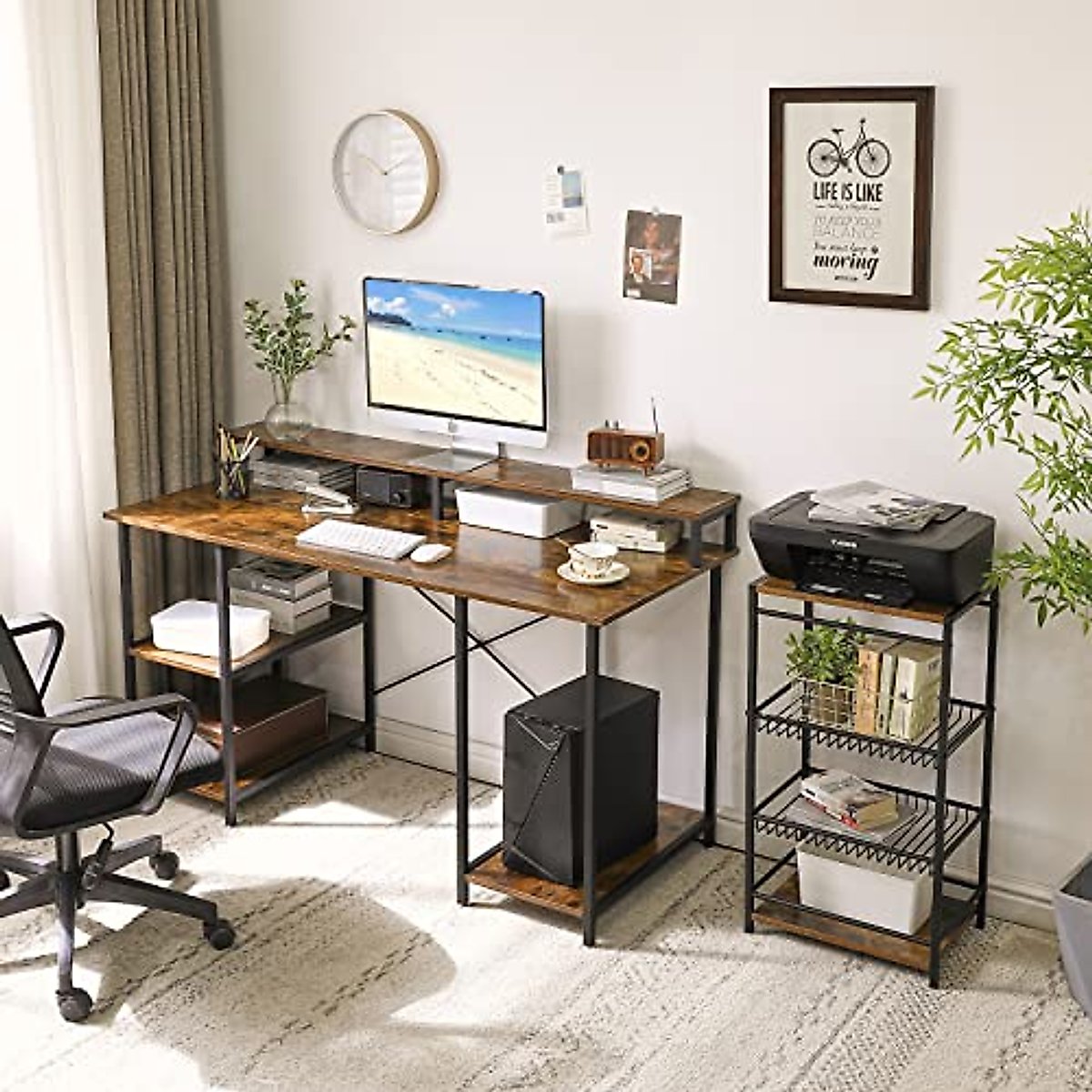 IBUYKE 55" Computer Desk, Office Table, Gaming Workstation with Storage Shelves/Monitor Stand, Study Table for Home Office, Space-Saving, Easy to Assemble, Rustic Brown and Black UTMJ056H