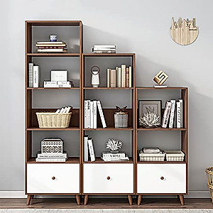 IOTXY 3-Tier Open Shelves Bookcase - 47" Height Modern Free Standing Wooden Cube Bookshelf with Storage Drawer and Legs, Walnut