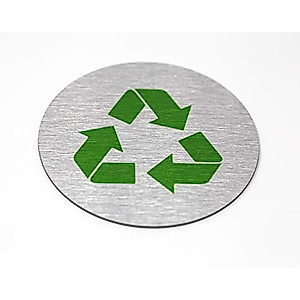 Metal Recycle Signs | Recycle Bin Marker | Metal Sign for Recycling Basket | 3" Round, Brushed Silver Aluminum with Green Recycle Symbol | Made in the USA