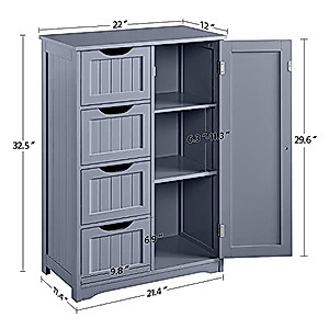 Yaheetech Bathroom Floor Cabinet, Freestanding Storage Oragnizer Unit Kitchen Cupboard W/ 4 Drawers & Adjustable Shelves, Using for Living Room/Kitchen/Bathroom, Gray
