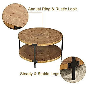 Awescuti Round Boho Wood Coffee Table - 31.5" Farmhouse Natural Circle Wooden 2-Tier Coffee Tables Living Room Furniture, Natural Wood Color, 31.5" D x 18.3" H