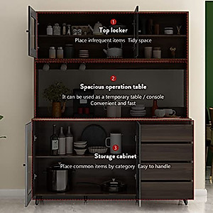 DiDuGo Kitchen Hutch Storage Cabinet with Glass Doors, Pantry with 4 Drawers & Shelves, Hanging Hooks, Metal Legs, for Hallway Deep Walnut (62.9”W x 15.7”D x 74.8”H)