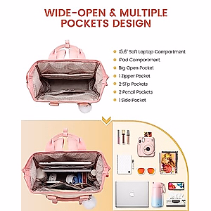 LOVEVOOK Laptop Backpack for Women,15.6 Inch College Backpack,Light Weight Travel Backpack Waterproof Casual Daypack Computer Backpack fits Travel Work Casual（15.6 inch,Pink&Beige）