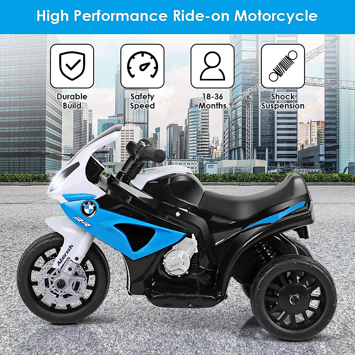 Costzon Licensed BMW Kids Electric 3-Wheel Ride-On Motorcycle Toy for Boys & Girls, with Headlights, Music and Battery Powered Pedal