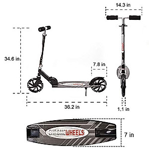 ChromeWheels Kick Scooter, Deluxe 8" Large 2 Light Up Wheels Wide Deck 5 Adjustable Height with Kickstand Foldable Scooters, Best Gift for Age 9 up Kids Girls Boys Teens, 180 lbs Weight Limit, Black