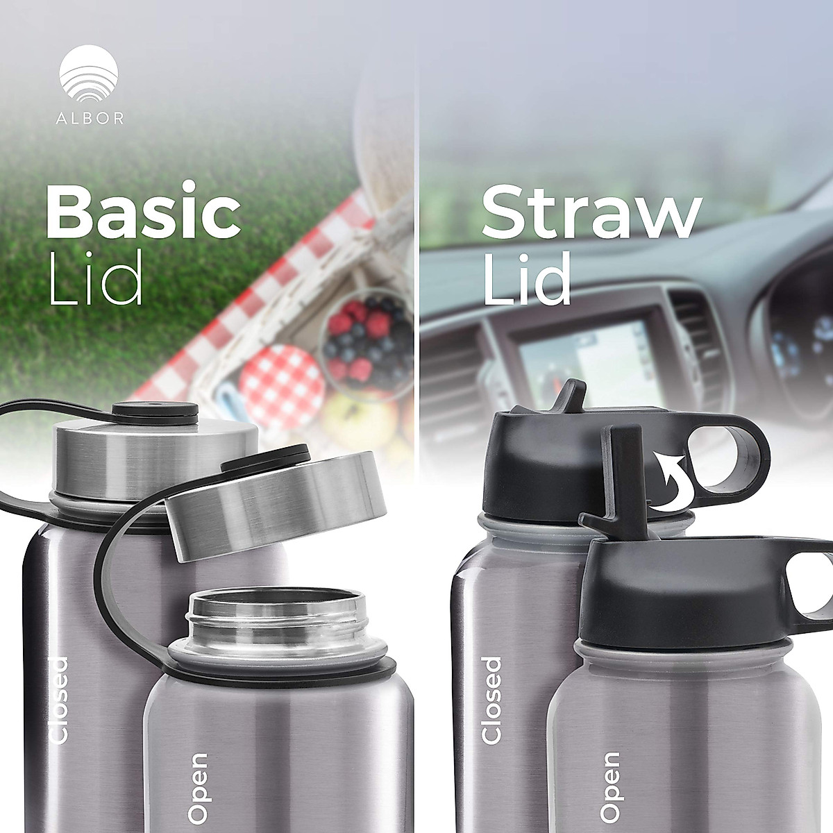 Albor 32 oz Insulated Water Bottle With Chug Lid and Straw, Plus Carry Lid for Travel, Leak Proof Stainless Steel Water Bottle for Gym and Travel (Steel)